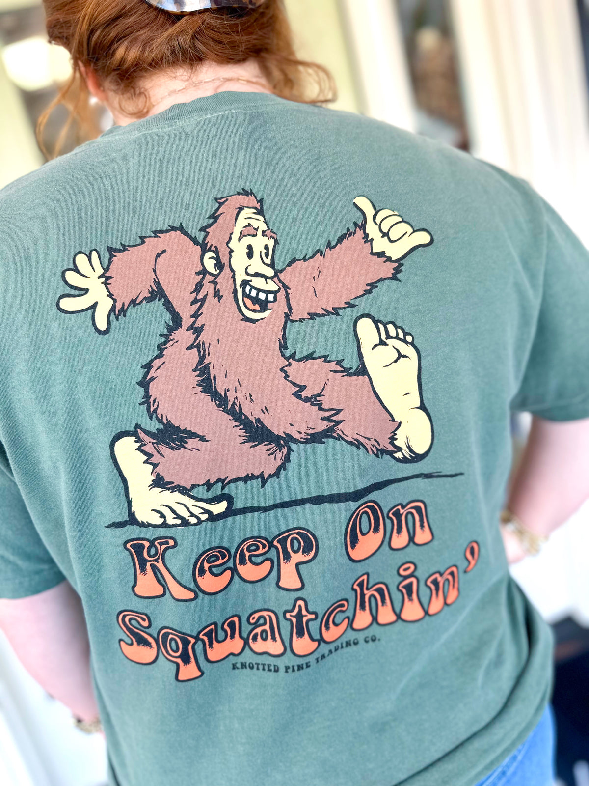Keep on Squatchin' Tee in Moss By Knotted Pine — Pecan Row